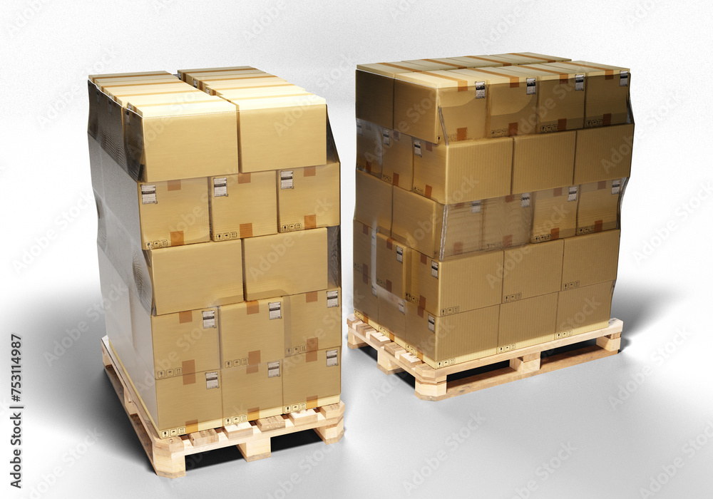 Cardboard boxes on pallets. Europallets with packages wrapped in film ...