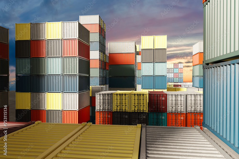 Container yard. Cargo transportation industry. Container yard under ...