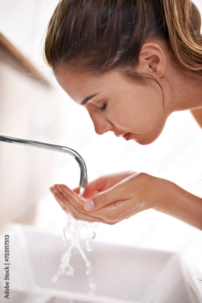 Woman, wellness and hygiene for washing face, skin and zinc in self ...