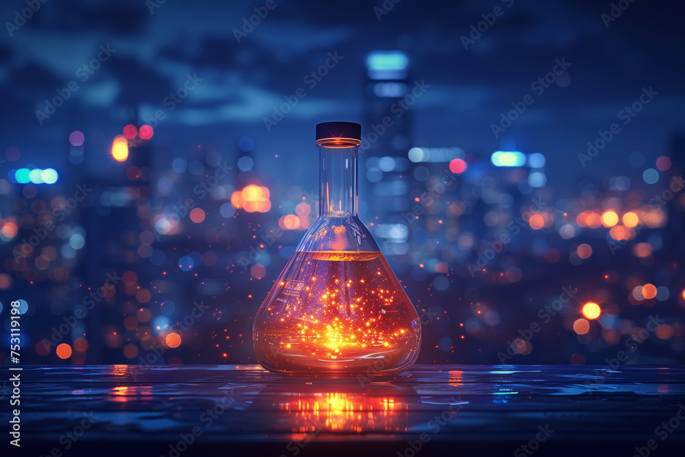 Conical Flask Experiment in a Lab on a sci fi open buildings background ...
