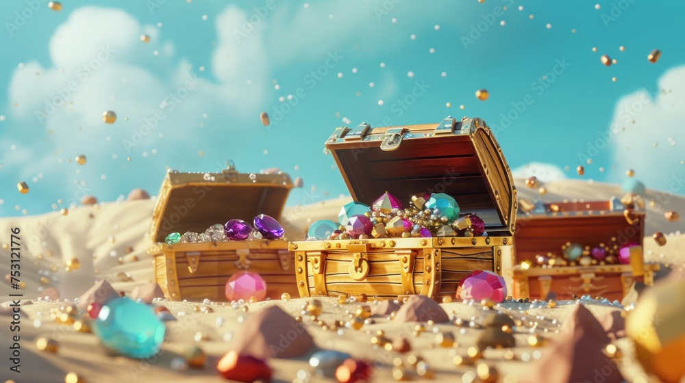An imaginative scene of treasure chests brimming with colorful jewels ...