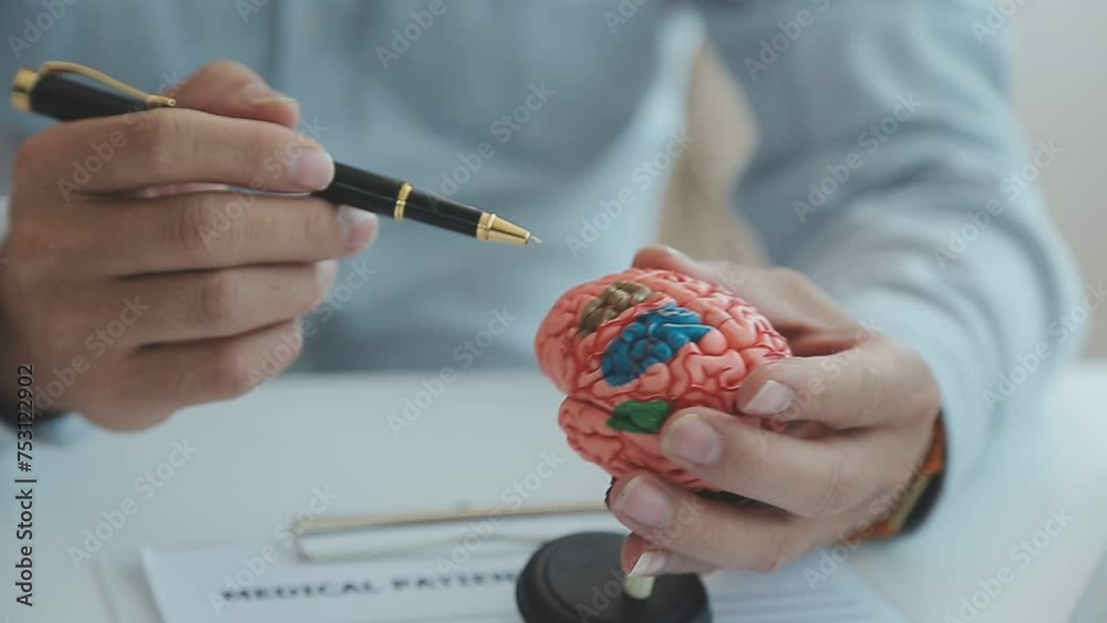 Neurologist hand pointing brain anatomy human model and brain disease ...