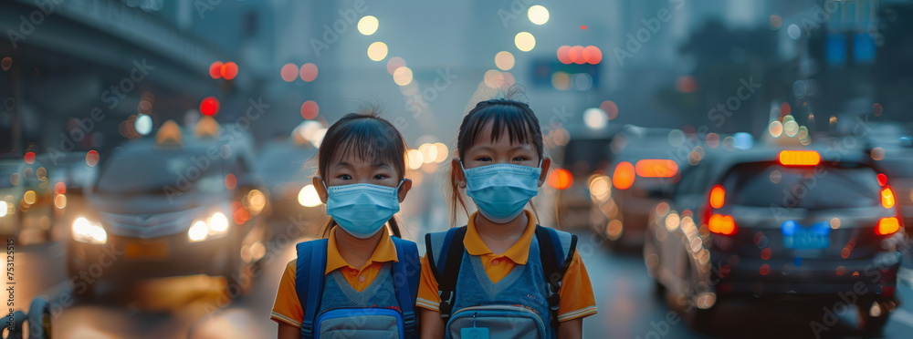 In Bangkok, two masked Thai toddlers Asian from a moderate family, in ...