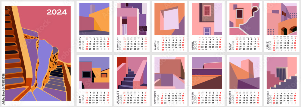 Monthly wall art abstract architectural calendar for 2024. Vertical ...