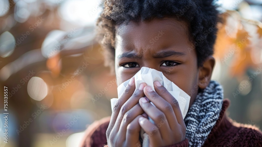 Little afro child boy blow his nose. Sick child with napkin . Allergic ...