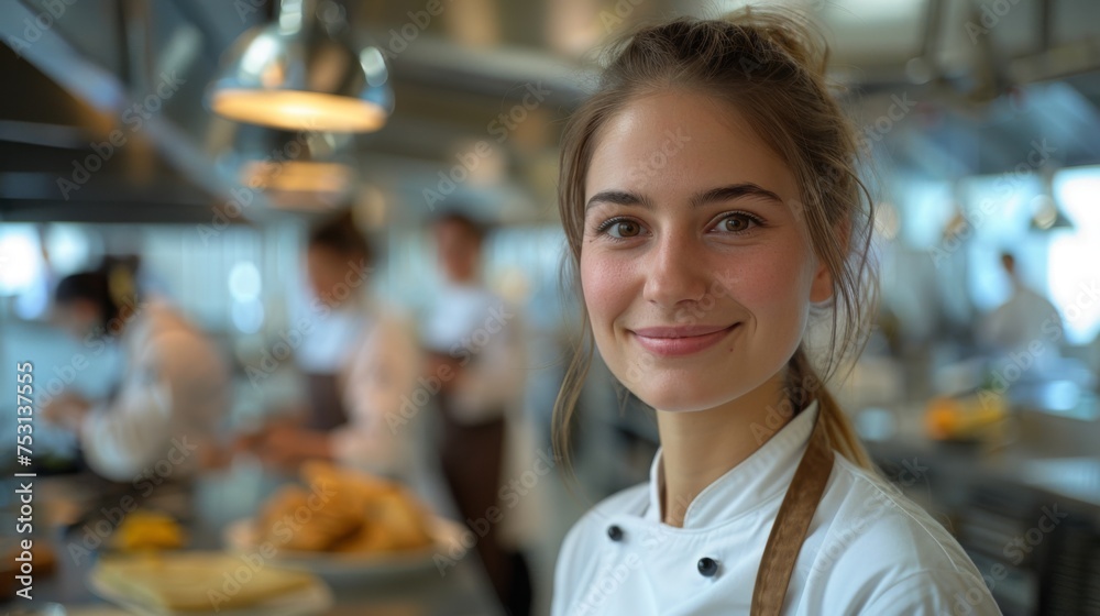 45 year old female chef smiling, close-up in a modern kitchen, blurred background and ...