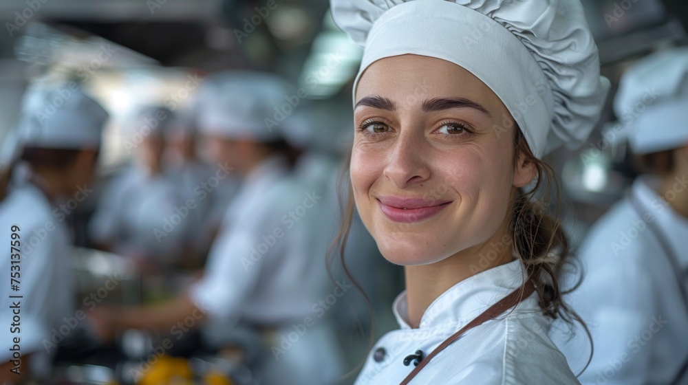 45 year old female chef smiling, close-up in a modern kitchen, blurred ...