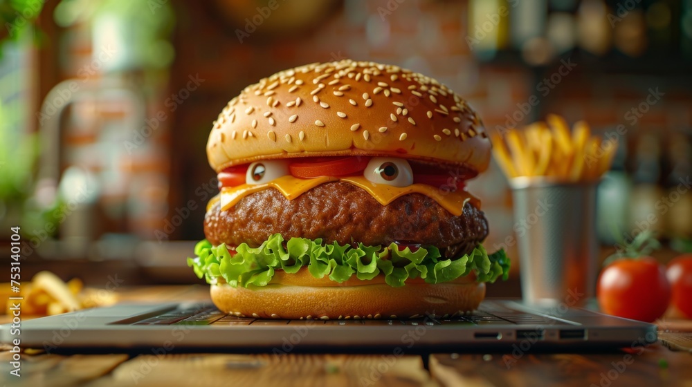 Live burger, burger animated character with eyes using laptop, notebook ...
