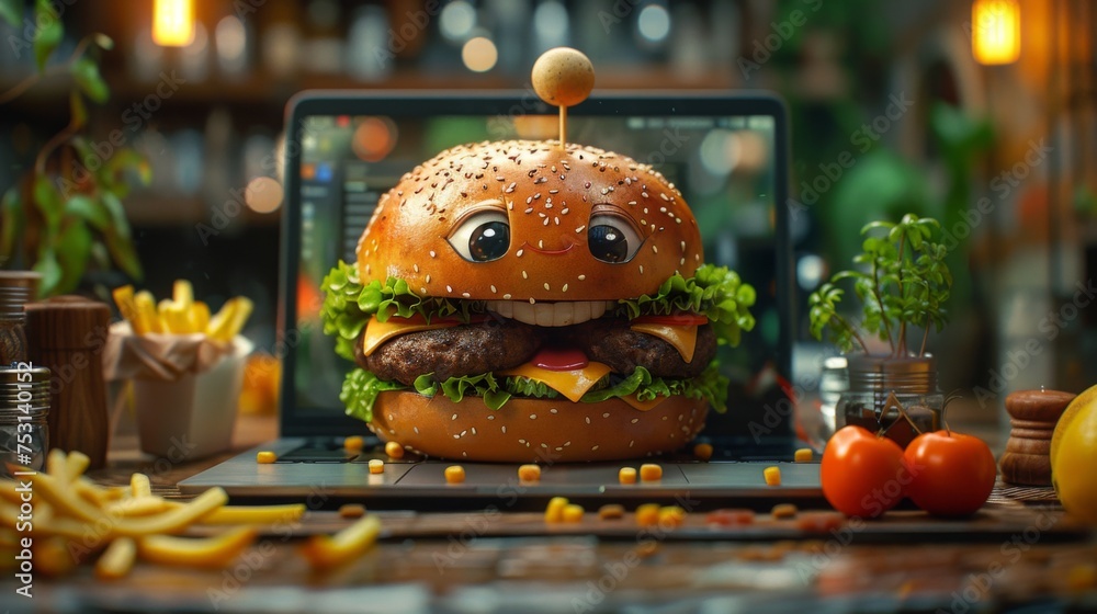 Live burger, burger animated character with eyes using laptop, notebook ...
