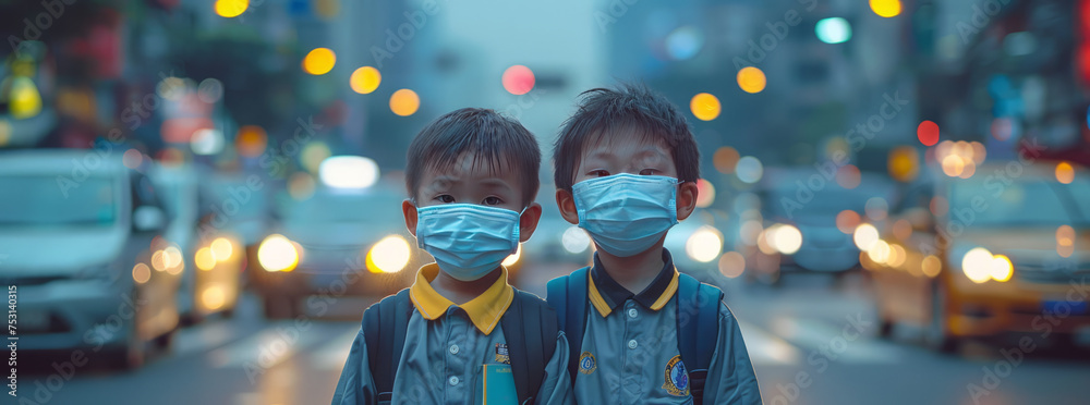 In Bangkok, two masked Thai toddlers Asian from a moderate family, in ...
