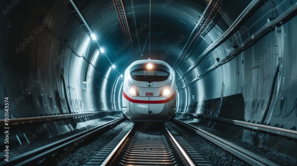 High speed train running inside a dark tunnel, headlights on, cables on ...