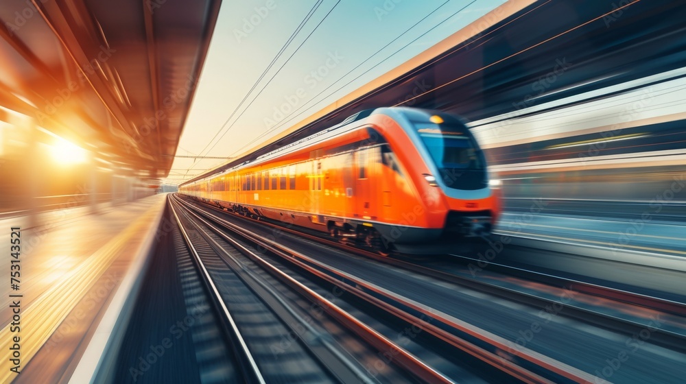 High speed orange train in motion on the railway station at sunset ...