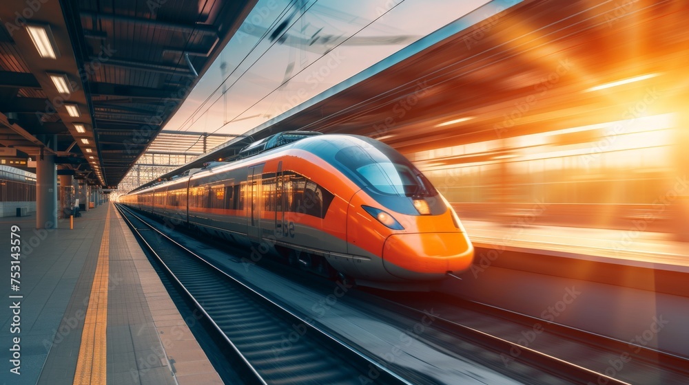 High speed orange train in motion on the railway station at sunset ...