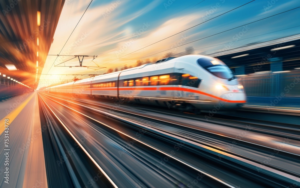High Speed Train In Motion On The Railway Station At Sunset Fast High Speed Train In Motion On The Railway Station At Sunset Fast