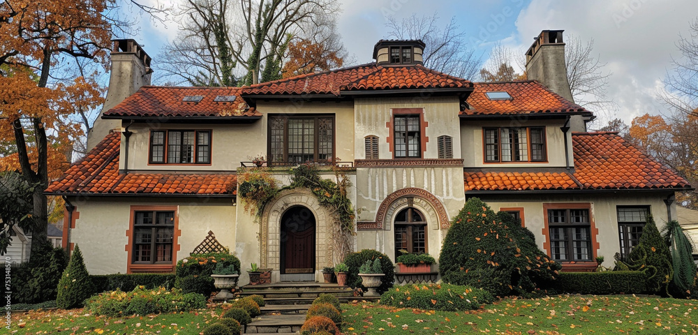 1920s stucco colonial revival house with a terra cotta roof Stock Photo ...