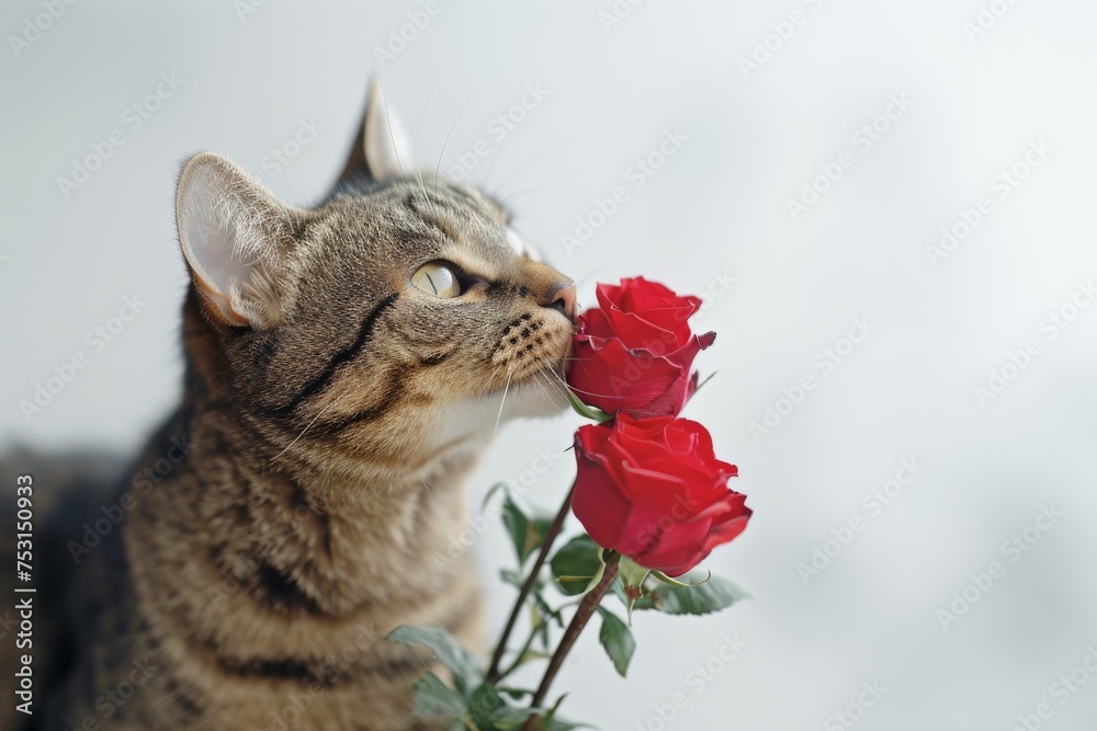 Tabby Cat Poses with Red Rose Bouquet in Yellow and Gold Aesthetic ...