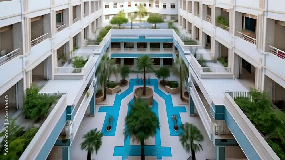 A modern office atrium with green areas and a water feature, creating ...