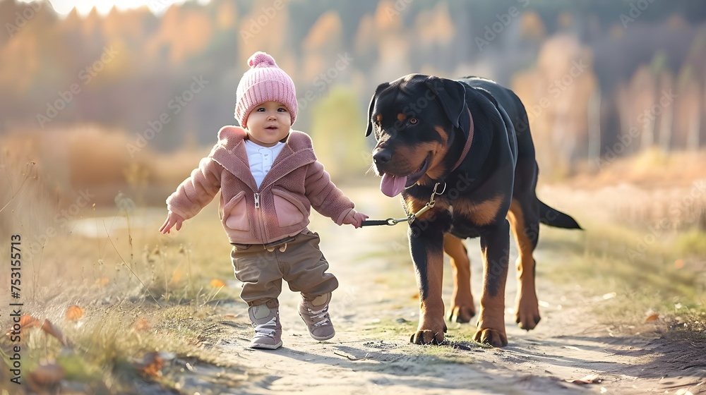 cute little baby and big dog breed Rottweiler for a walk play Stock ...