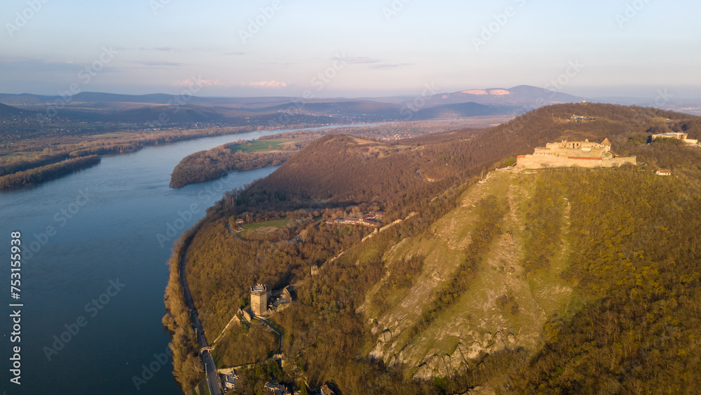 Aerial photos of the Visegrad Castle in Hungary on a sunny winter day ...
