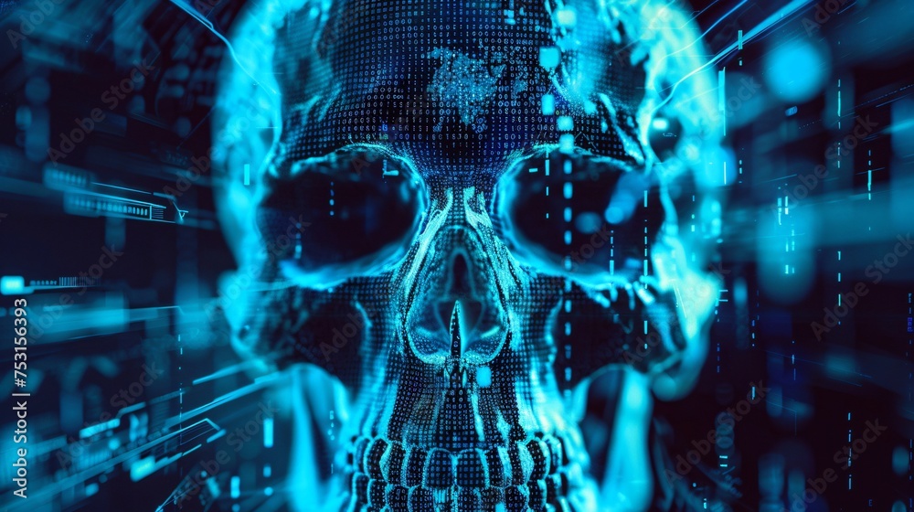 Digital art of a skull projecting blue tech symbols and codes from its ...