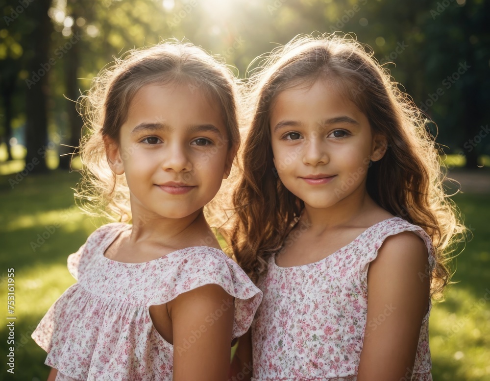 Two young girls are standing in a grassy field, smiling at the camera ...