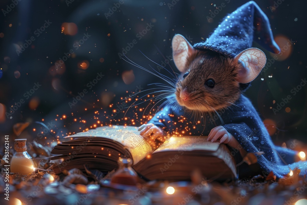 A mouse in a wizard robe reads a spell book, with magical potions ...