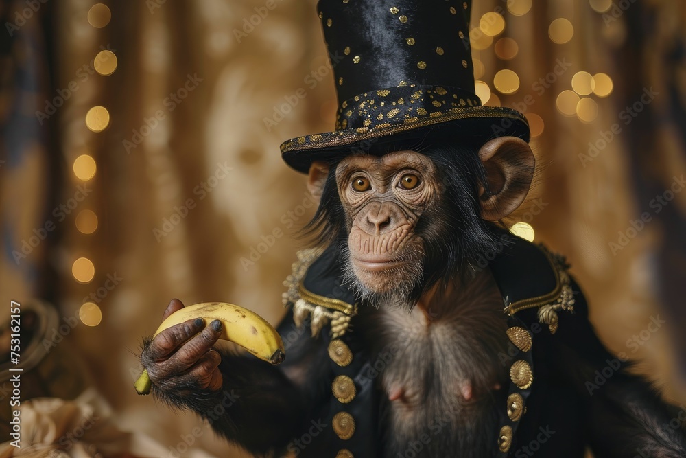 Monkey magician on stage, revealing a banana from a hat amidst a ...