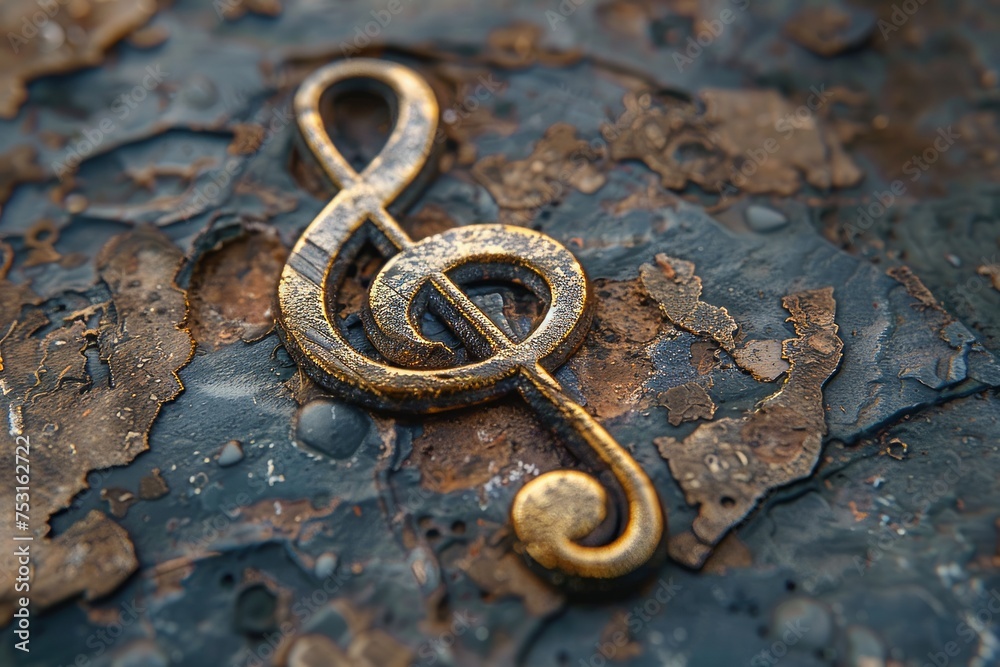 Bronze color treble clef symbol on dark rusty iron background with copy ...
