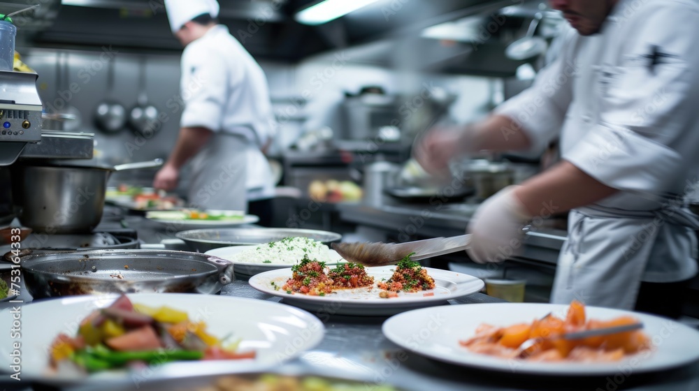 Professional chefs in white uniforms are intensely preparing and ...