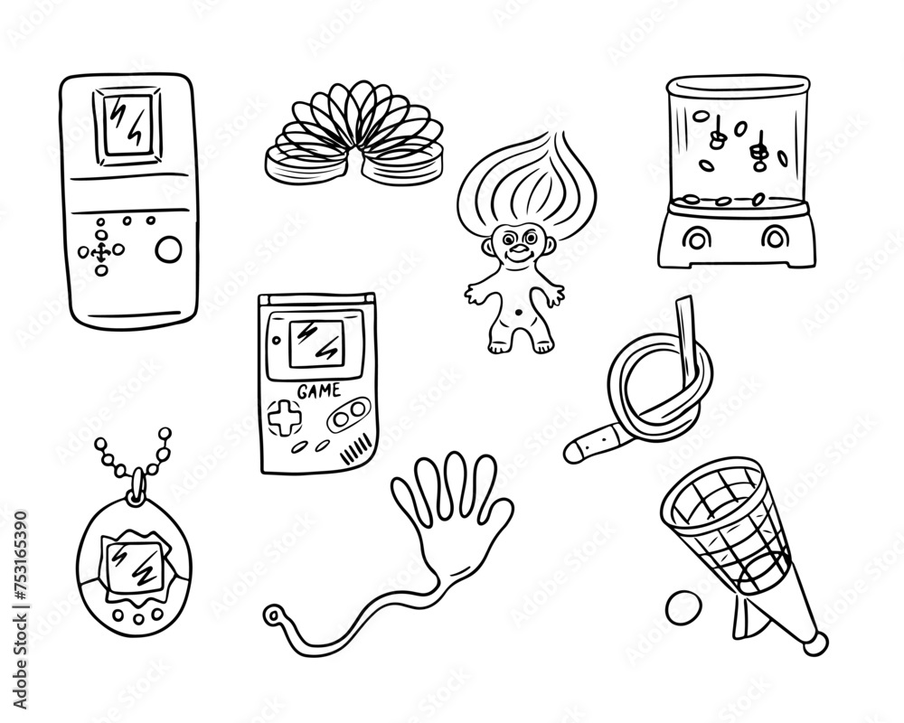 Vintage set of sketchy drawing of toys from 90s. Vector outline doodles ...