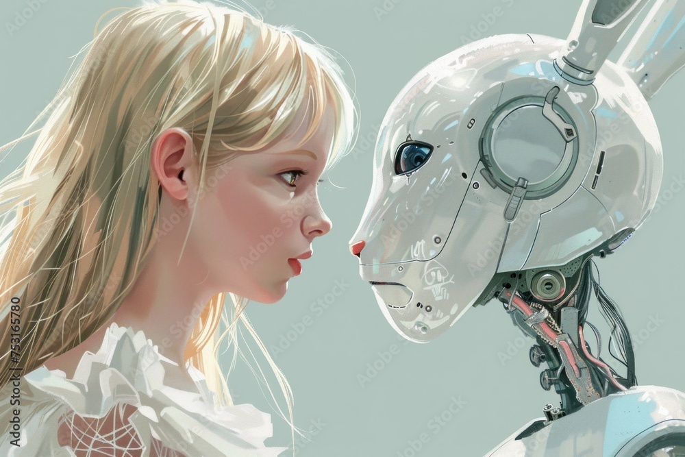 Futuristic vector-style image of young girl dressed up as a bunny with ...