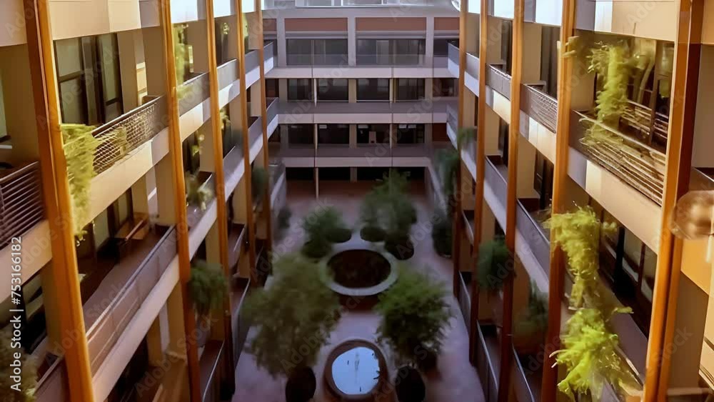 A modern architectural building with round glass facades and an atrium ...