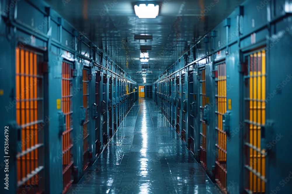 An eerie, atmospheric shot of a dimly lit prison corridor with rows of ...