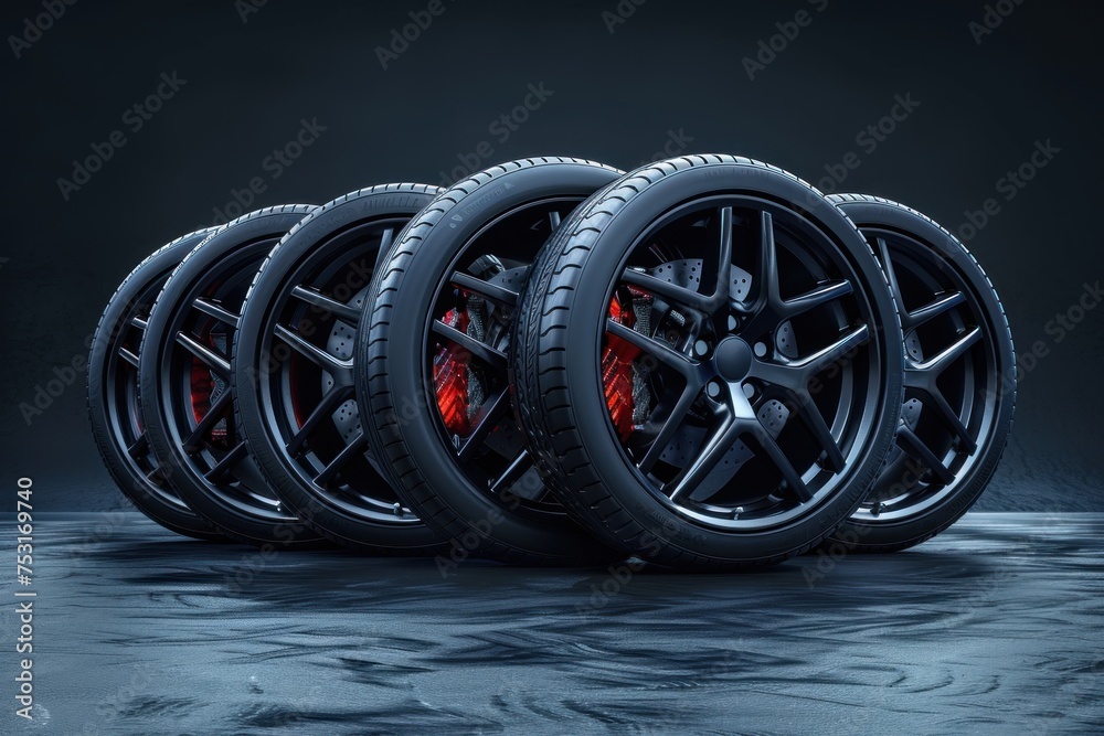 Four tires are arranged next to each other, sitting on the ground. The ...