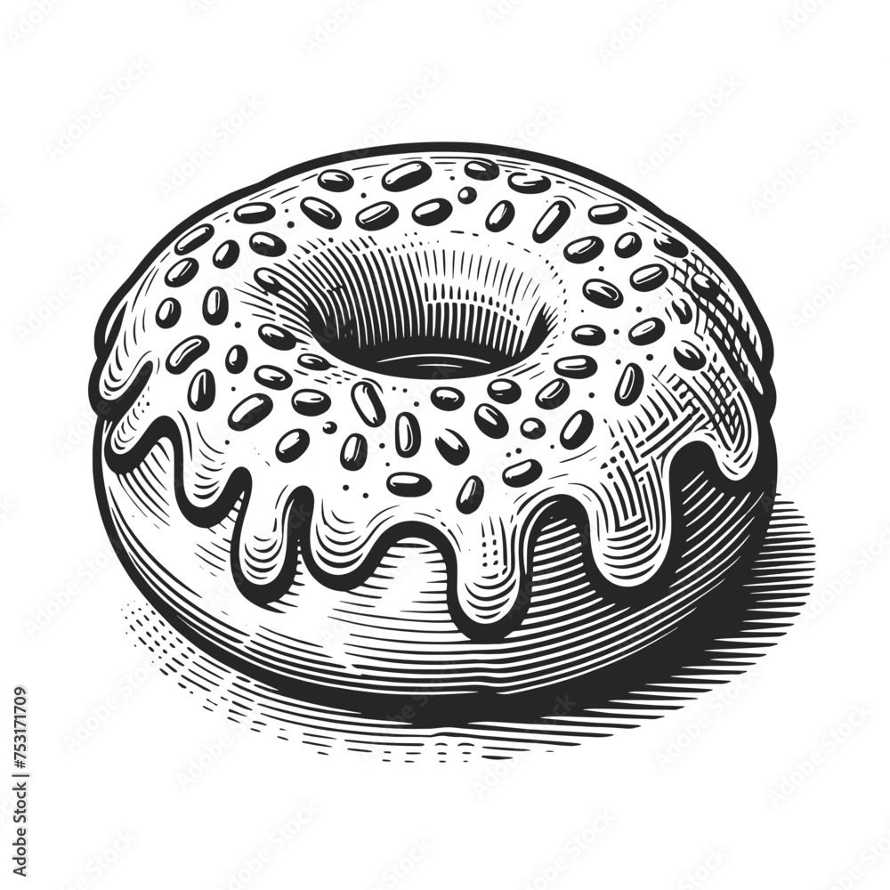 glazed donut with sprinkles in an engraving style, perfect for menu ...