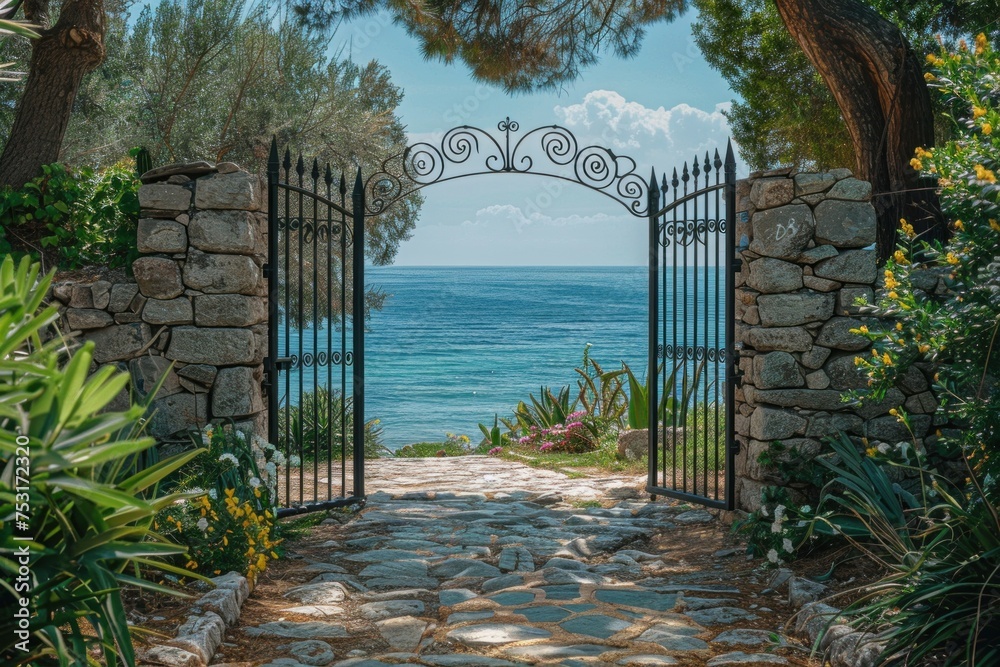 Coastal Mediterranean, A stone path meanders towards a gate overlooking ...