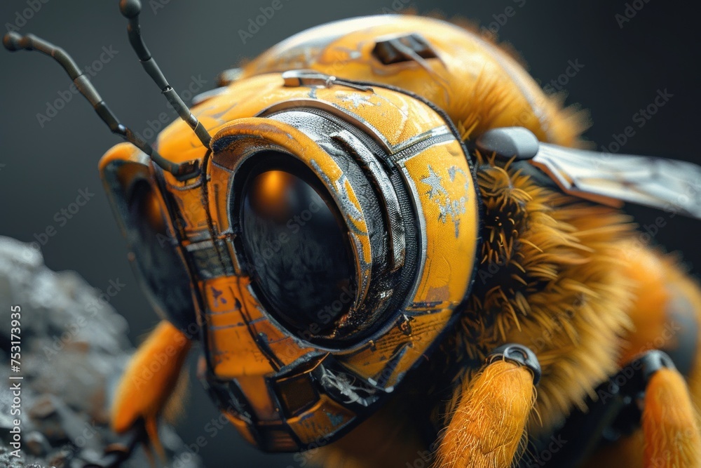 A detailed view of a bee up close, wearing a protective helmet. The bee ...