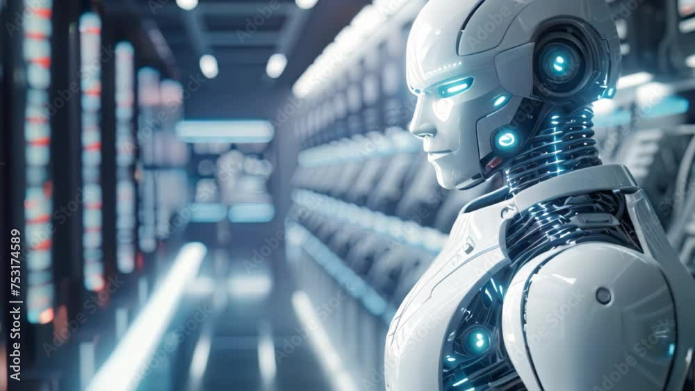 3d rendering humanoid robot in data center or server room with circuit board, Futuristic ...