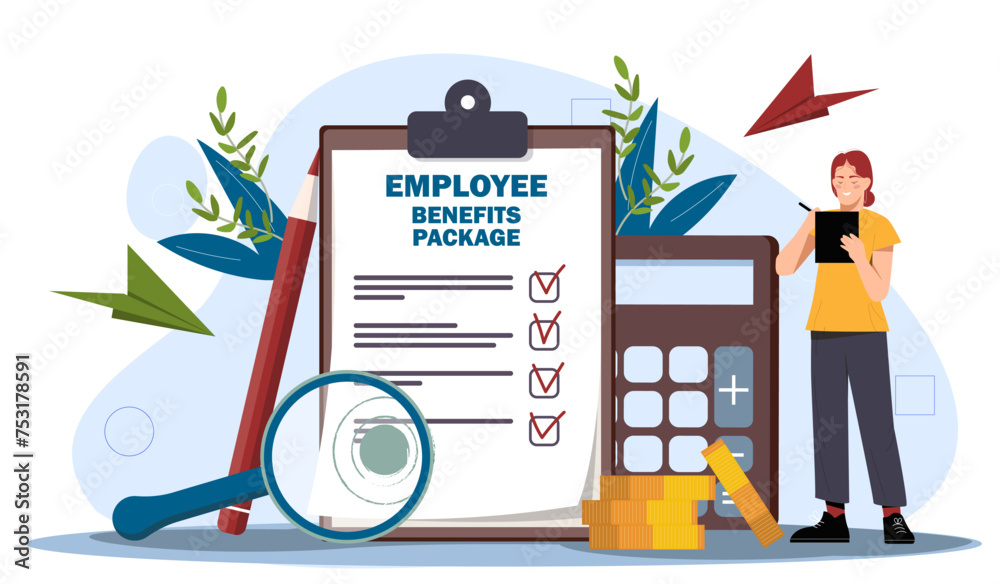 Employee benefits package. Woman with golden coins and calculator ...