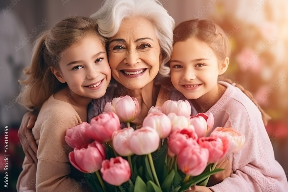 Happy cute granddaughter girl hugging grandma on sofa at home due to ...