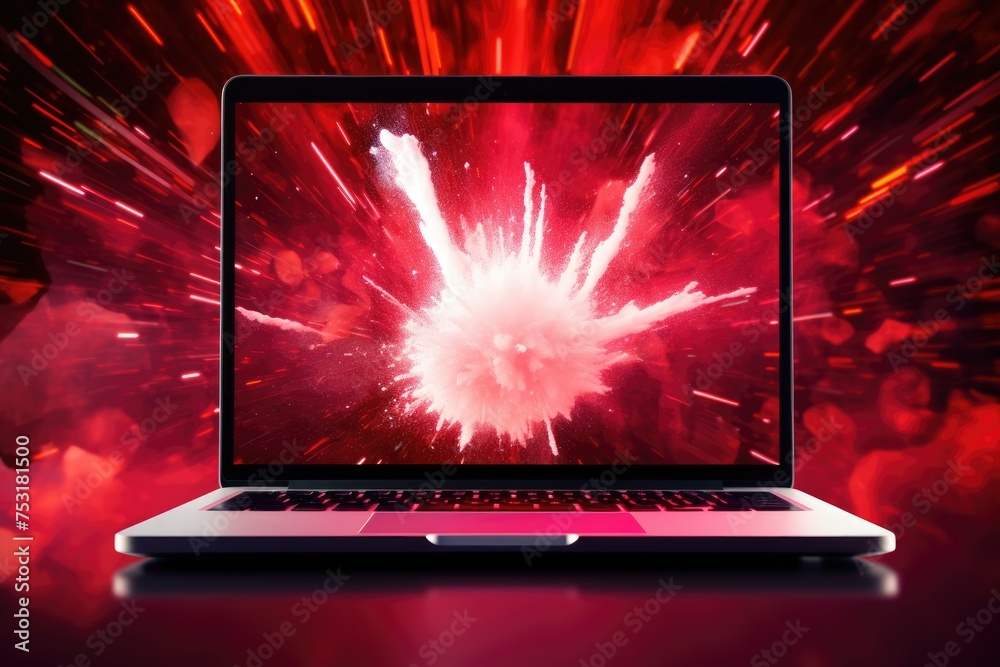 Laptop displaying an explosive burst of red and white, symbolizing a ...