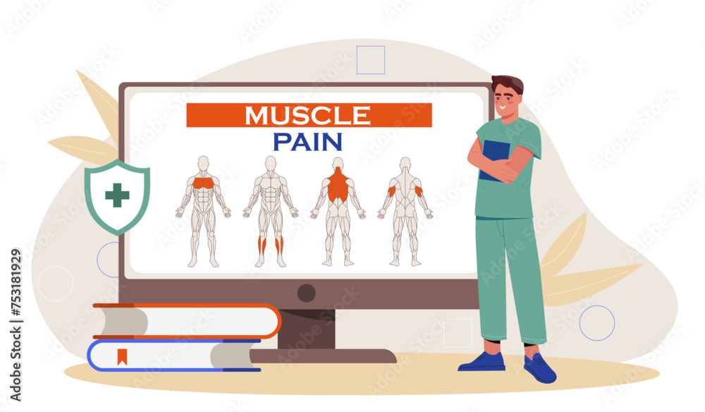 Muscle pain concept. Doctor with clipboard near computer monitor ...