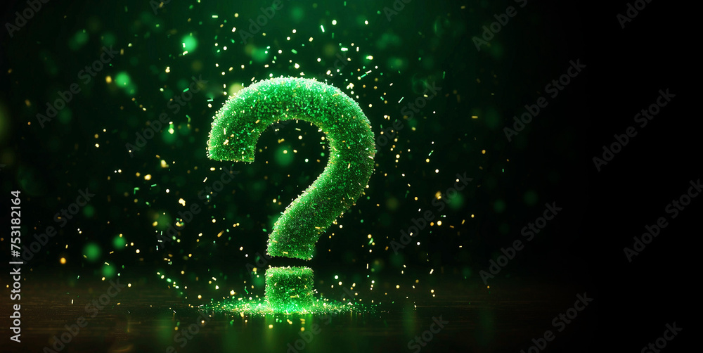 question mark made of green sparks and sparkling particles over dark ...
