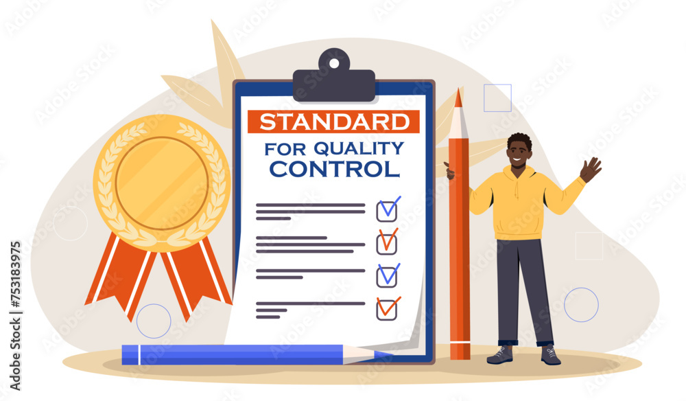 Standard for quality control. Man with pencil near checklist with ...
