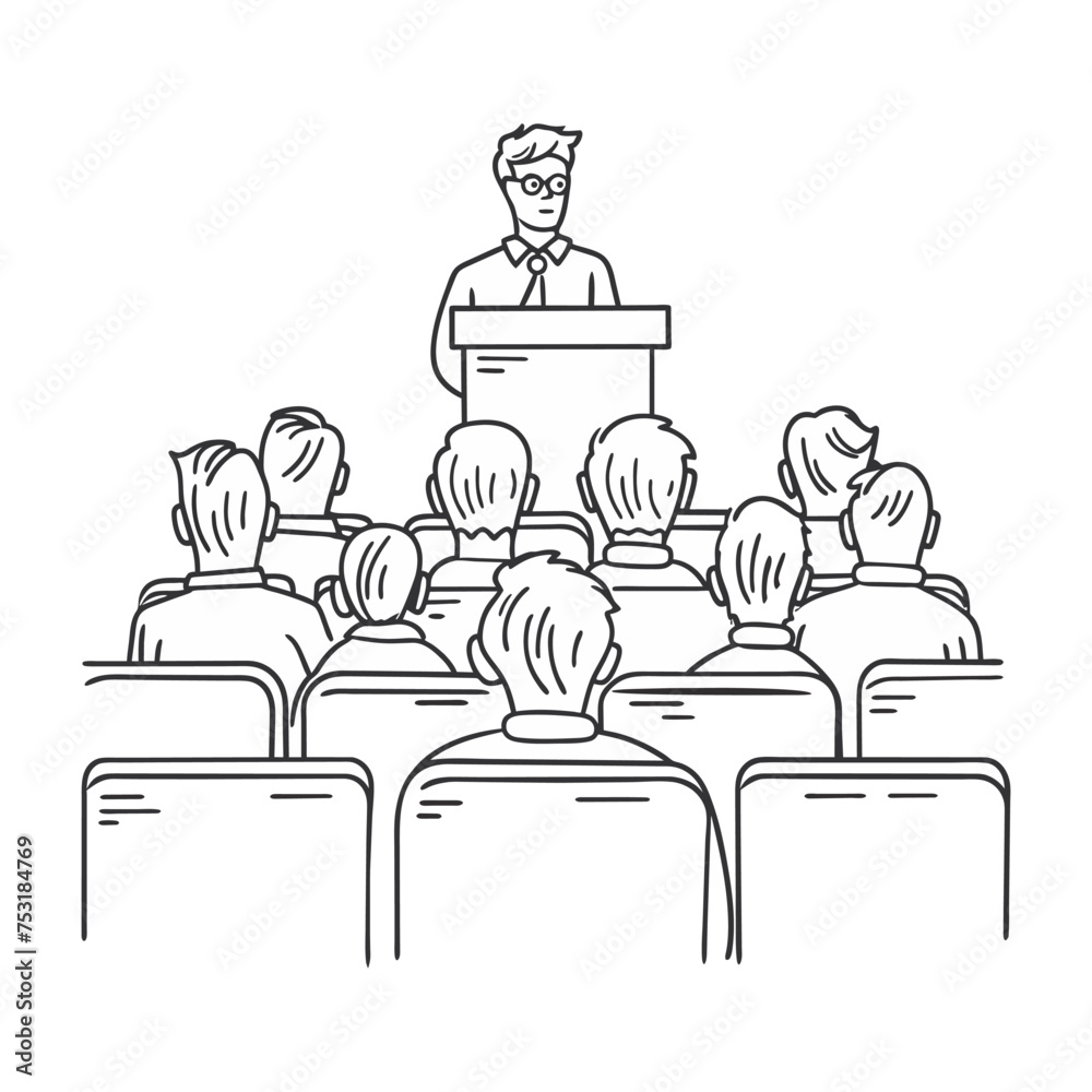 Lector man speech behind podium on conference with audience spectators ...
