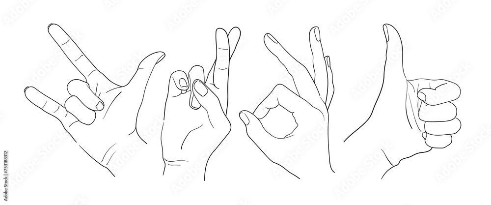 Hands set in line art style. Continuous line art collection isolated on ...