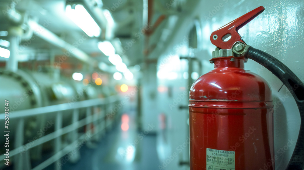 fire extinguisher in corridor of cargo ship engine room . Stock Photo ...