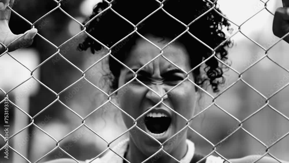 One angry young black woman leaning on metal fence screaming at camera ...