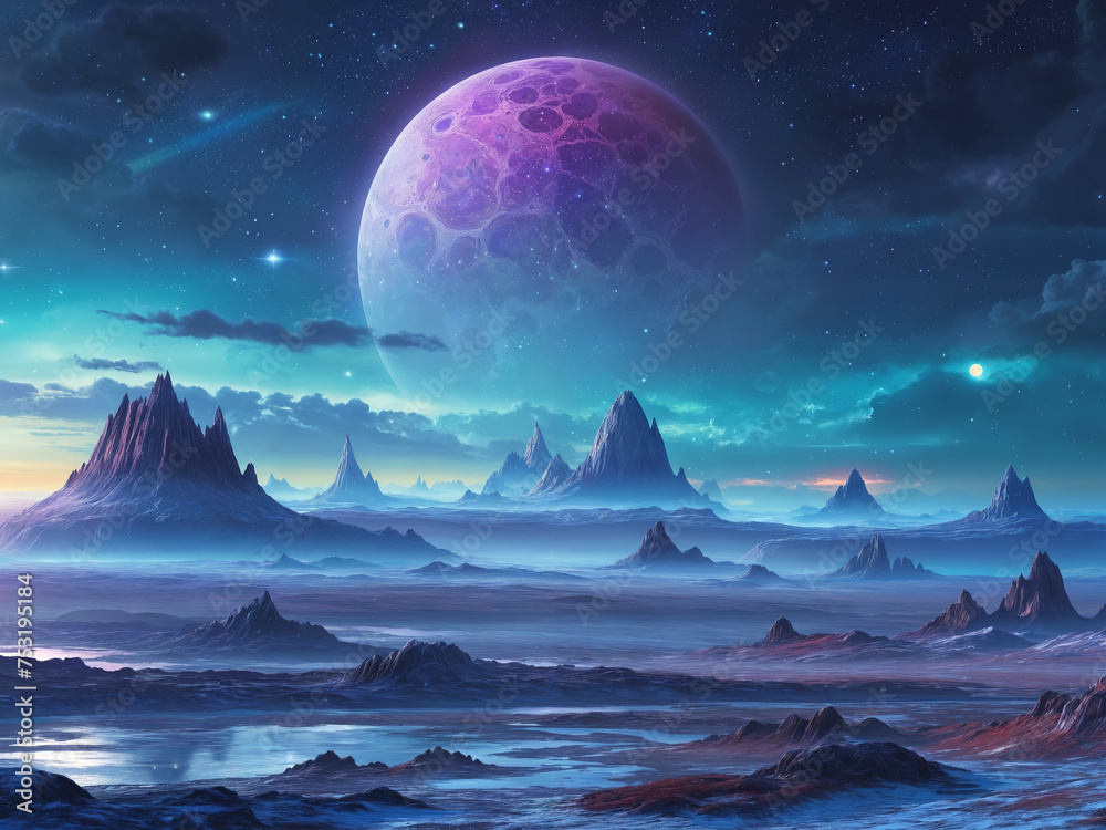 Surreal scene of a mysterious alien planet illuminating the mountainous ...