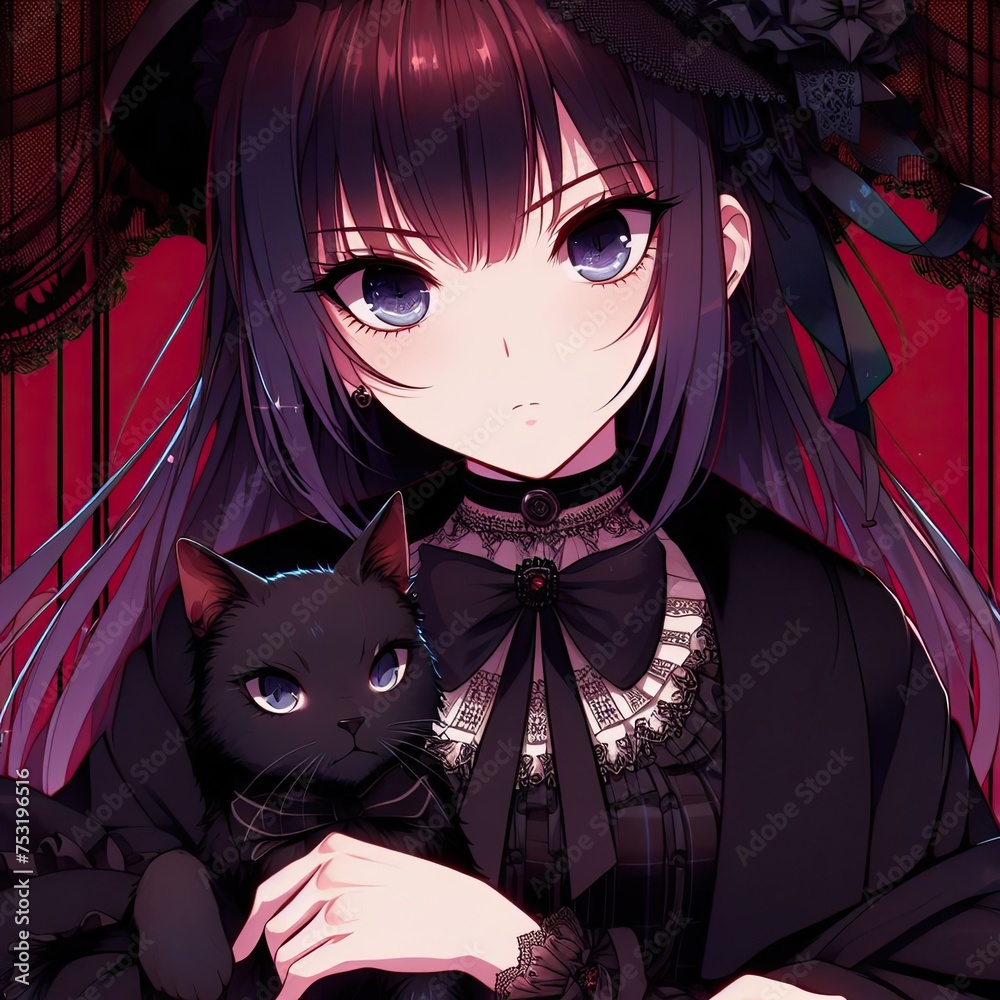 Chica anime con estilo gótico cargando a su gato. Stock Illustration ...